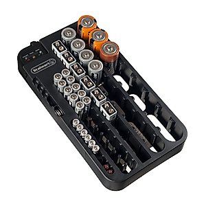 Battery Organizer with Removeable Volt Tester – 70 Piece Capacity Wall Mounted or Drawer Storage Case for Garage, Office, Home by Stalwart