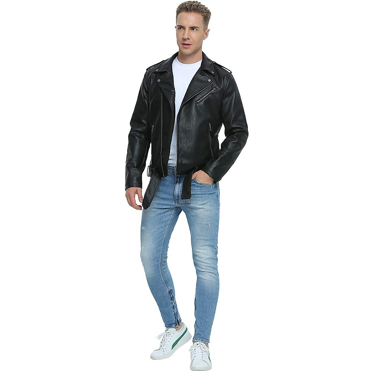 Fahsyee Leather Jackets for Men, Faux Bomber Jacket Mens Motorcycle Lapel Asymmetric Zip-Up Belt Slim Fit Biker Coat Black M