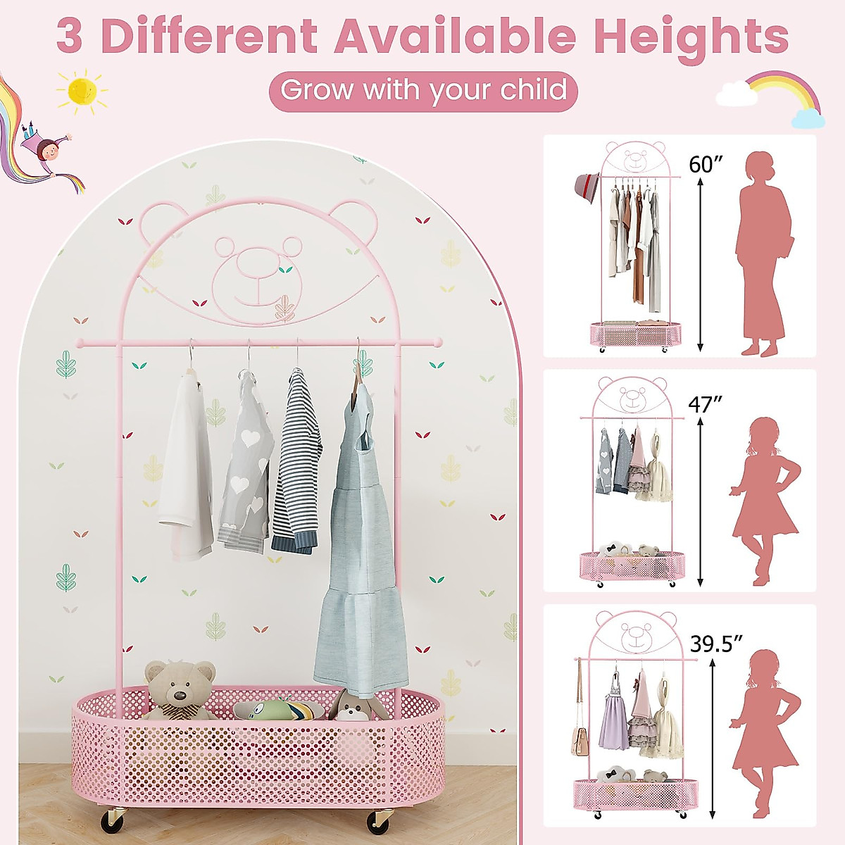 Costzon Kids Clothing Rack, Height Adjustable Kids Dress Up Storage for Hanging Clothes, Metal Garment Rack with Storage Basket, Wheels, Clothes Rack for Kids Room, Playroom, Bedroom (Pink)