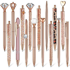 Colarr 16 Pcs Ballpoint Pens Set Metal Crystal Diamond Pen Glitter Pens for Journaling Pretty Cute Pens Black Ink Retractable Fancy Pens Gifts for Women Girls Office Wedding School Supply (Rose Gold)