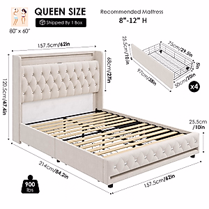 HIFIT Queen LED Bed Frame with Charging Station and 4 Storage Drawers, Velvet Upholstered Platform Bed with Handcrafted Crystal Button Wingback Headboard, Metal Frame with No Box Spring Needed, Beige