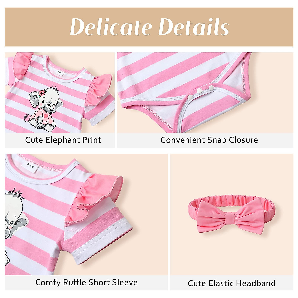 PENNSOY Baby Girl Clothes Newborn Infant Elephant Print Summer Outfits Ruffle Short Sleeve Romper Jumpsuit with Headband 3PCS Pink 3-6M