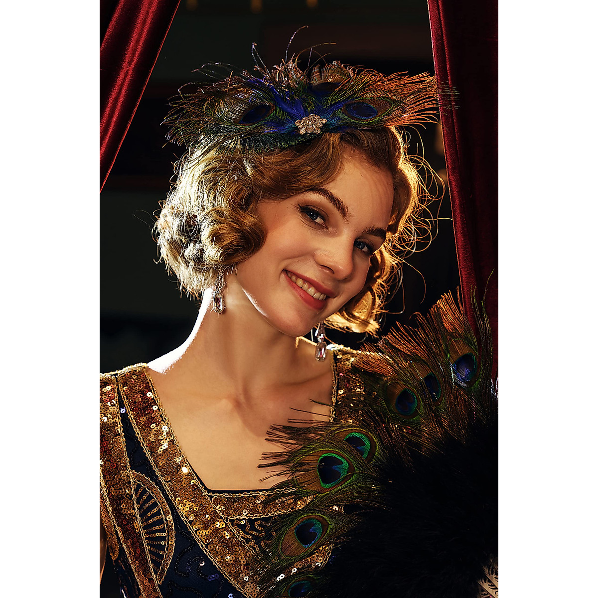 BABEYOND Peacock Feather Hair Clip Peacock Fascinator with Rhinestones Roaring 20s Peacock Flapper Fascinator 1920s Peacock Hair Accessories (Style 2)