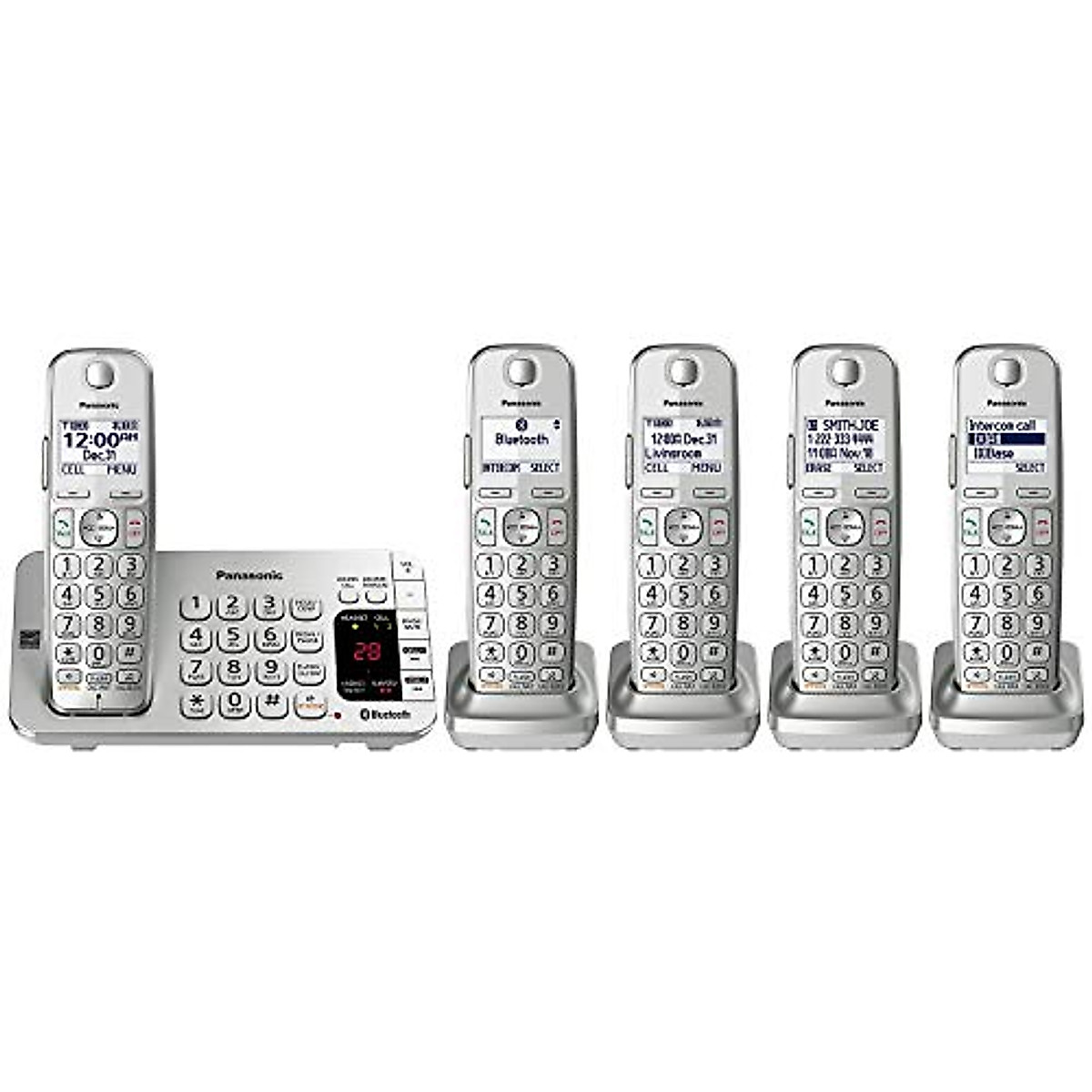Panasonic Link2Cell Bluetooth Cordless DECT 6.0 Expandable Phone System with Answering Machine and Enhanced Noise Reduction - 5 Handsets - KX-TGE475S (Silver)