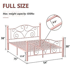 VECELO Full Size Bed Frame with Headboard and Footboard, Heavy Duty Metal Slat Support, Platform Mattress Foundation, No Box Spring Needed, Easy Assembly, Pink