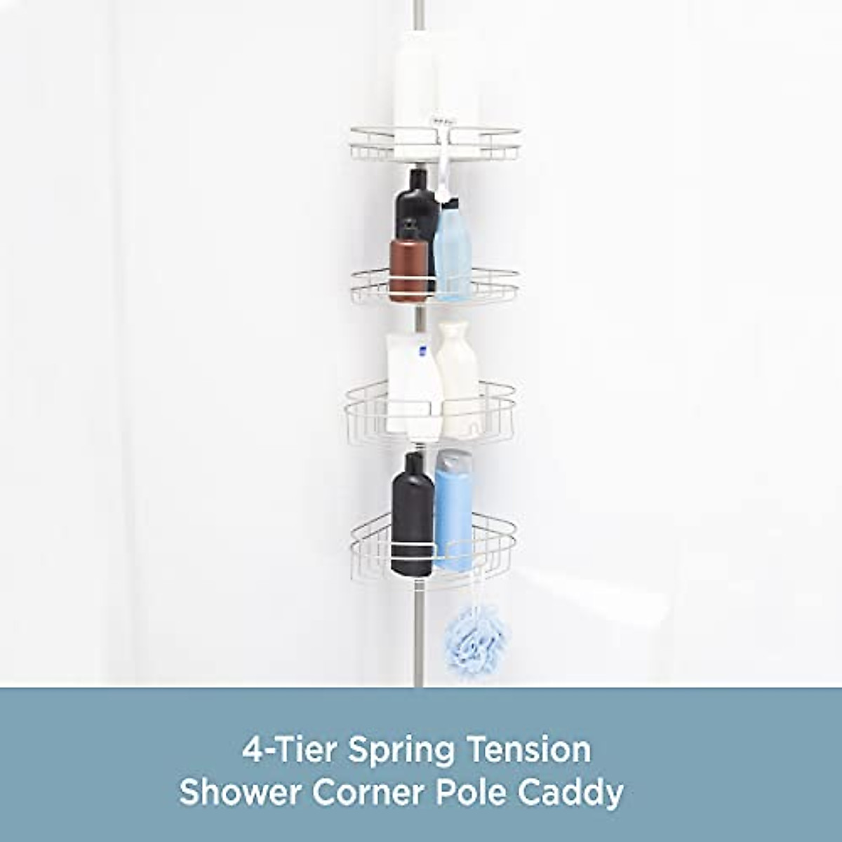 Kenney KN61519 4-Tier Spring Tension Shower Corner Pole Caddy with Razor Holder, Satin Nickel