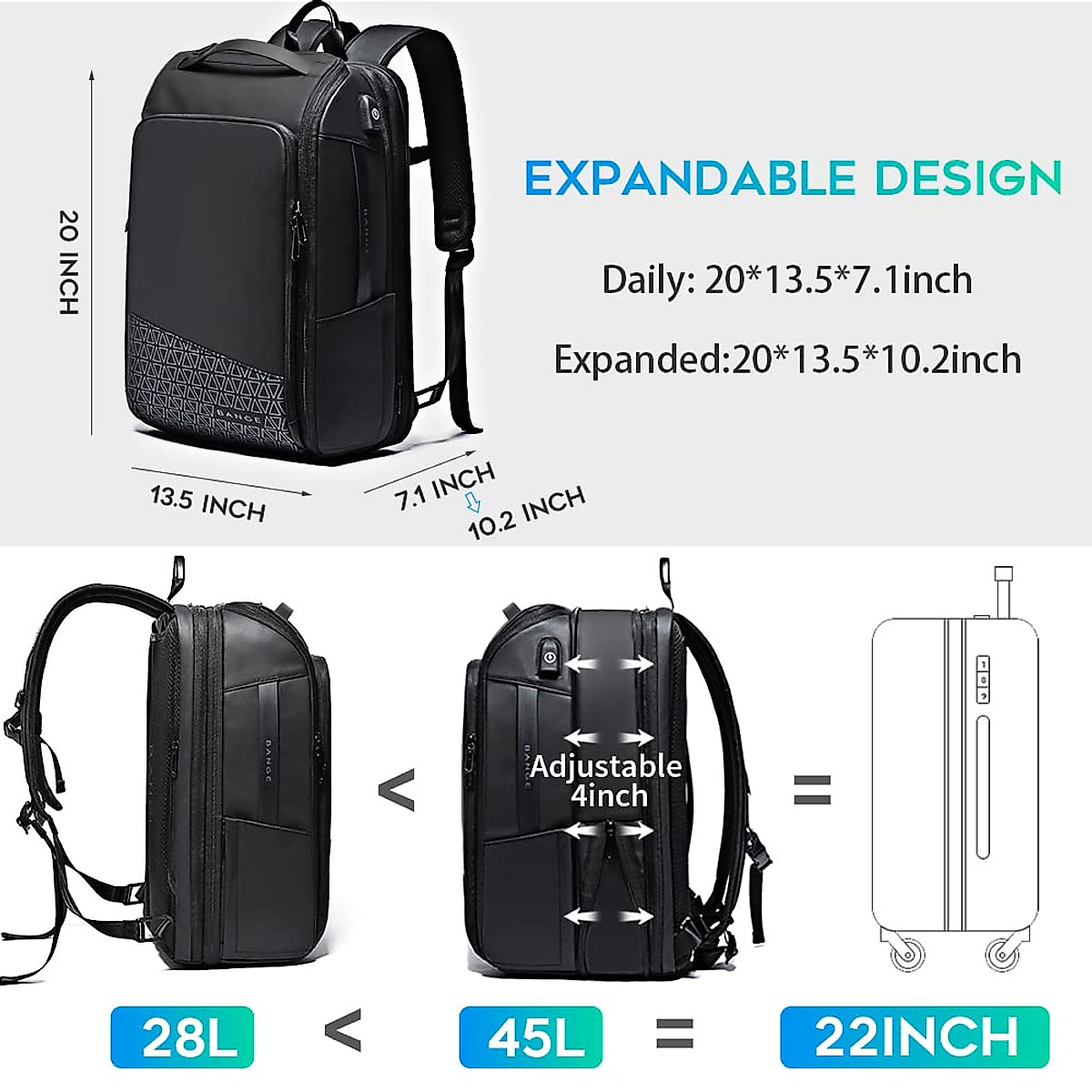 BANGE 45L Expandable Travel Backpacks,Weekender Carry On Backpack, Flight Approved Business Backpack for 17.3inch Laptop