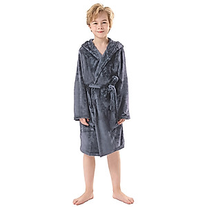 V.&GRIN Boys Fleece Robe, Hooded Toddler Soft Fuzzy Bathrobe for Kids 3-14 Years（Gray 9-10）