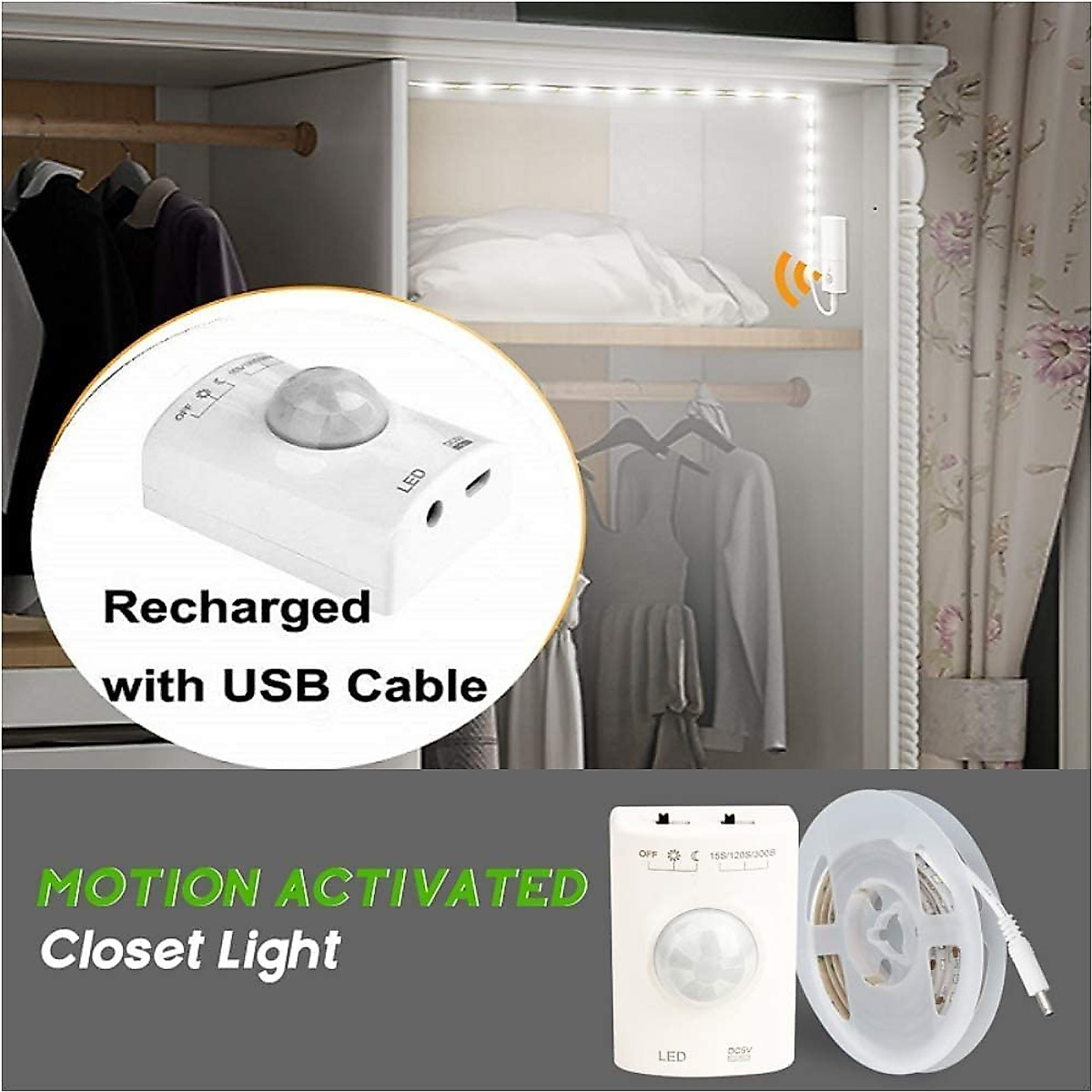 Amagle LED Motion Sensor Strip Closet Light USB Rechargeable Dual Mode PIR Activated Under Bed Counter Cabinet Lighting Staircase Stair Night Lights for Indoor Bedroom Kitchen Hallway White 3.2FT