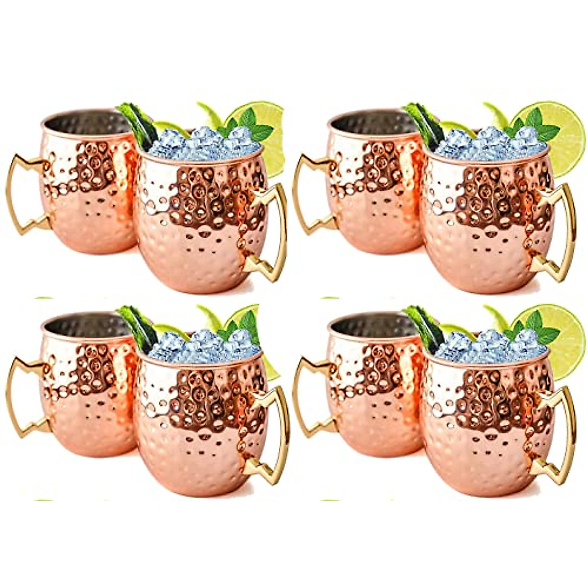 Moscow Mule Mugs Set of 8 | Large Size 19 ounces | Stainless Steel Lining Copper Hammered Cups | | Pure Copper Plating | Gold Brass Handles Gift Pack…