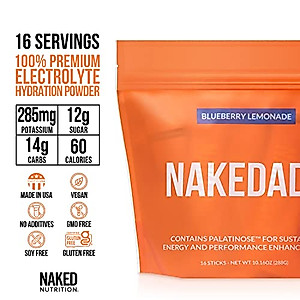 NAKED nutrition Nakedade – Performance Enhancing Sports Drink Powder - Blueberry Lemonade Electrolyte Powder – No GMOs or Artificial Sweeteners, Gluten-Free, Soy-Free, Dairy-Free – 16 Sticks