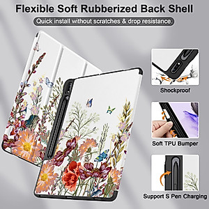 DONGKE Case for Samsung Galaxy Tab S8 Plus 2022 / S7 FE 2021 / S7 Plus 2020 12.4 Inch with S Pen Holder [SM-X800/X806/X808], Ultra Thin Lightweight Trifold Stand + Auto Wake/Sleep, Floral