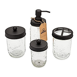 Jarmazing Products Ball Mason Jar Bathroom Gift Set (4 pcs) - Lotion/Soap Dispenser, Toothbrush Holder, Q-Tip Storage Jars - Farmhouse Home Decor for Vanity Organization - Luxury Accessories - Black