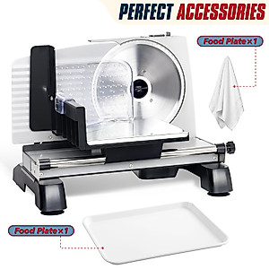 BIEAMA Meat Slicer, 200 W Electric Food Slicer with 2 Removable 7.5" Stainless Steel Blades Child Lock Protection Adjustable Thickness 0-18mm Meat Slicer Machine for Home with Food Tray, Towel