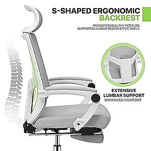 Ergonomic Office Chair with Footrest, High Back Mesh Gaming Desk Chair with Headrest, Swivel Rolling Home Chair with Lumbar Support and Flip-up Armrest, Grey