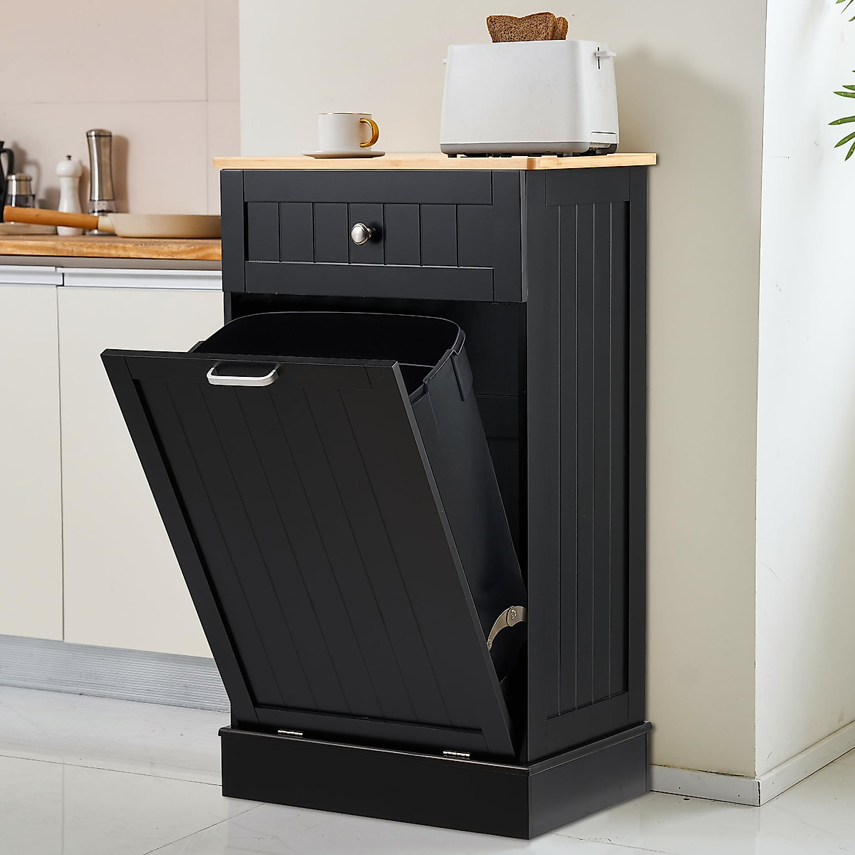 OUTGUAVA 13 Gallon Tilt Out Trash Cabinet Kitchen Waste Bins,50 Quart Laundry Hamper Tilt Out Pet Proof Hidden Trash Bin for Kitchen Living Room,Black