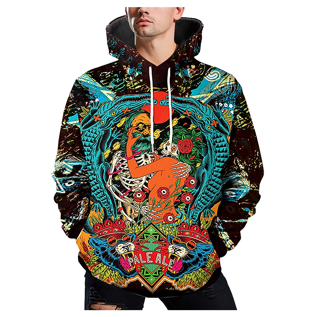 Rcimuue Men's Cool Tie Dyed Skull Skeleton Design Pattern Print Long Sleeves Costume Hoodie Pullover Black Green