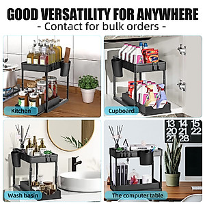 Eufrozy Under Sink Organizers for Bathroom, 2 Tier Adjustable Height Under Cabinet Sliding Storage, Black Under Counter Drawers Slide Out for Kitchen Organization Shelf with 8 Hook 2 Cup
