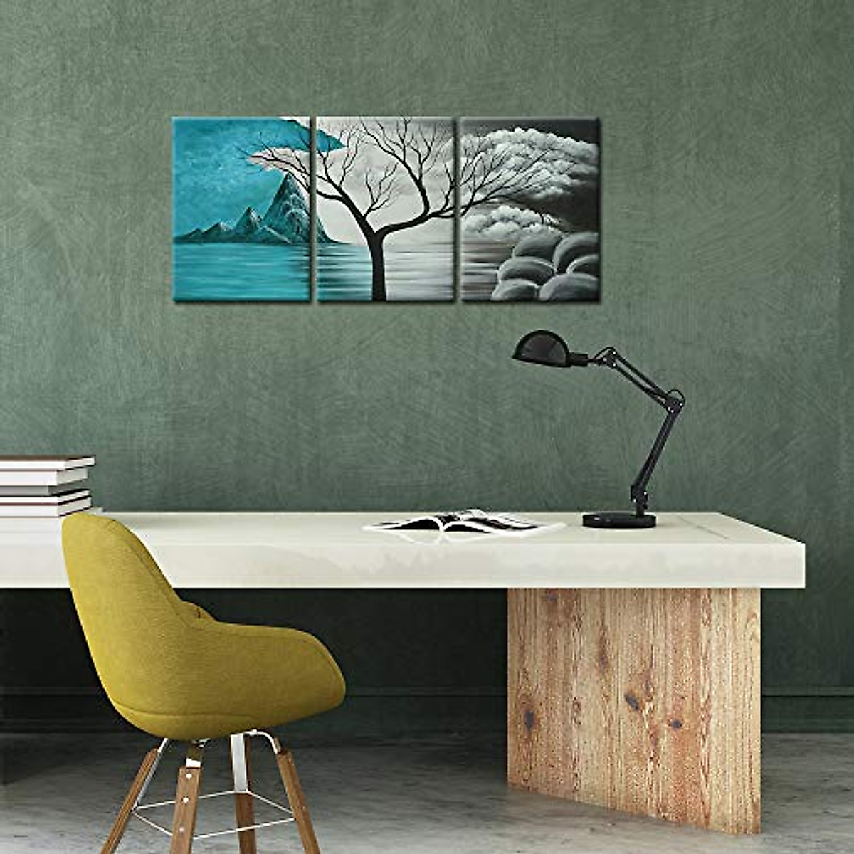 iKNOW FOTO 3pcs Grey and Teal Canvas Wall Art Abstract Cloud Tree Pictures Contemporary Landscape Giclee Artwork Painting Decorative Panels for Walls Bathroom Master Bedroom Decor 12x16inchx3pcs