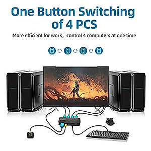 4K HDMI KVM Switch, 4 Port HDMI USB Switch for 4 Computer Share a 4K@30Hz Monitor and 3 USB Device Keyboard Mouse Printer, Including 4 KVM Cables