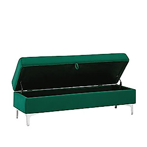 Elegant Finest Pine Green Storage Ottoman Bench Rectangular Pouf Seat Foot Stool Plush Velvet Upholstered Padded Cushion Top Hidden Large Compartment Weight-Bearing Metal Legs Space-Saving Article