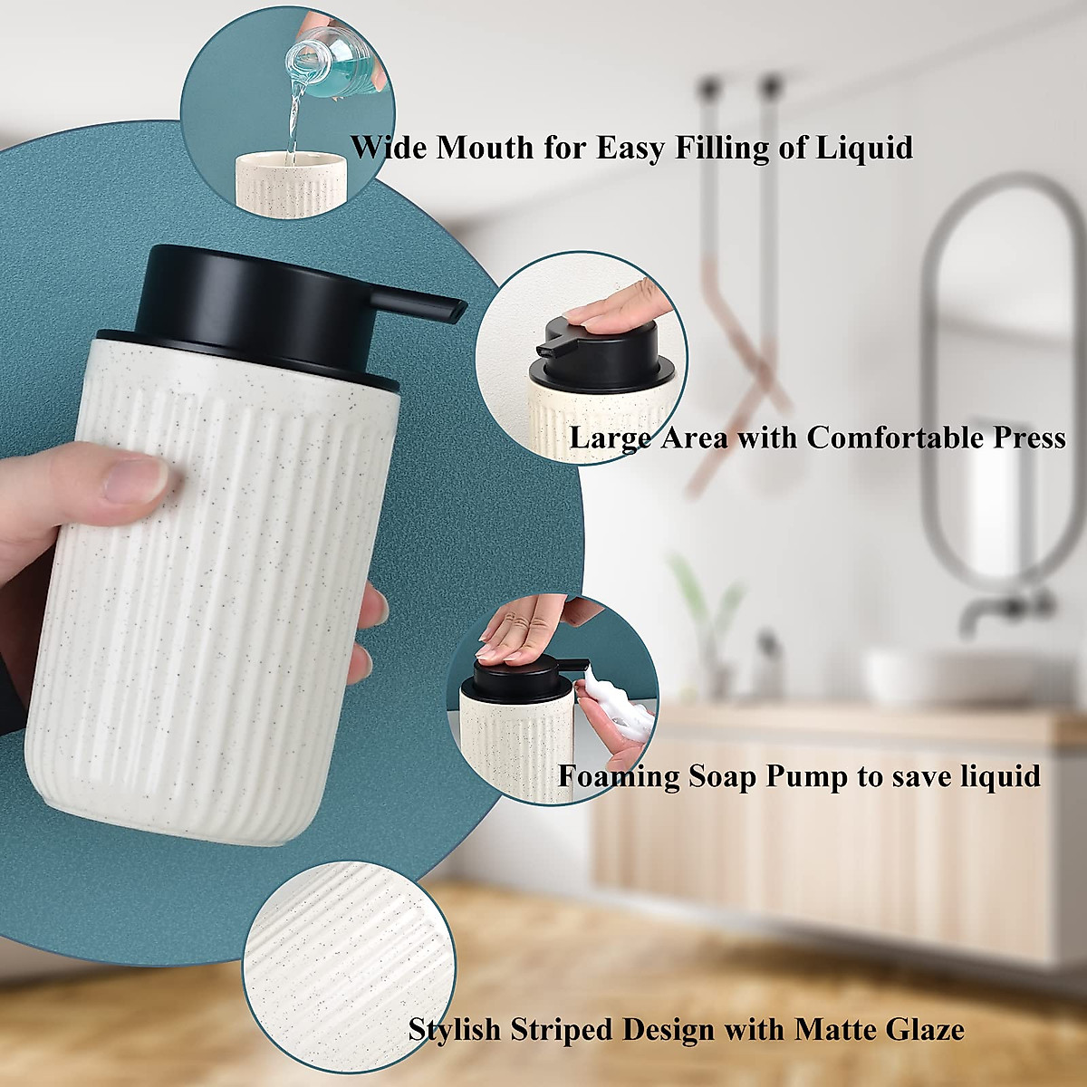 BosilunLife Foam Hand Soap Dispenser - Ceramic Foaming Soap Dispenser for Bathroom 12oz Refillable Liquid Lotion Soap Dispenser with Rust-Proof Foaming Pump for Countertop