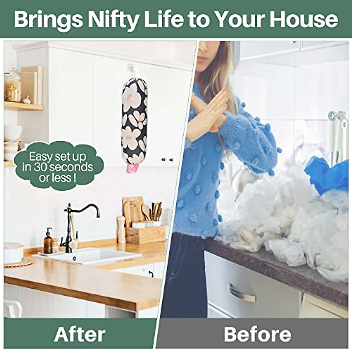 TOGETRUE Plastic Bag Holder, Wall Mount Floral Grocery Bag Holder, Reusable Shopping Bag Storage Holder Organizer for Kitchen Pantry (Basic Black)