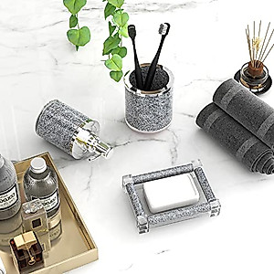 SHYFOY Bathroom Accessories Set, 3 Piece Silver Crystal Diamond Bathroom Accessory Decor Sets, Glass Bath Restroom Set Vanity Organizer Includes Soap Dispenser, Toothbrush Holder, Soap Dish