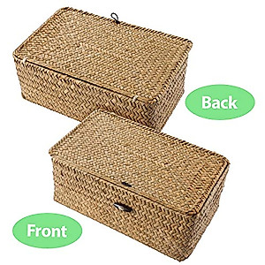 Hand Woven Rattan,Home Storage Basket Box with Lid & Removable Fabric Lined Interior, Seagrass Basketfor Shelf Organizer