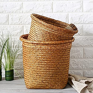 Sewroro Laundry Basket 2pcs Seagrass Waste Basket Woven Trash Can Woven Wastebasket Round Trash Can Wicker Waste Basket Garbage Container Bin for Bathrooms Kitchens Home Office Wicker Storage Basket