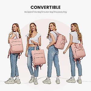 LOVEVOOK Laptop Backpack for Women 15.6 inch,Diamond Quilted Convertible Backpack Tote Laptop Computer Work Bag,Cute Womens Travel Backpack Purse College Teacher Carry on Back pack with USB Port,Pink