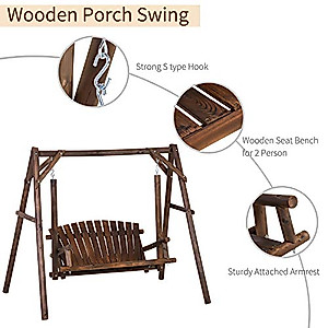 Outsunny 2-Seat Porch Swing with Stand, Wooden Patio Swing Chair Bench, for Garden, Poolside, Backyard, Carbonized