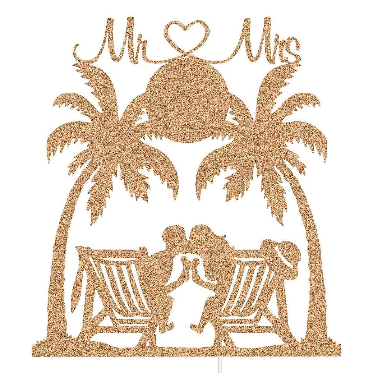Mr & Mrs Wedding Cake Topper, The Groom Kissing Bride Sit on Chair, Hawaii Beach Sunrise and Sunset Wedding Party Decorations Travel Party, Rose Gold Glitter