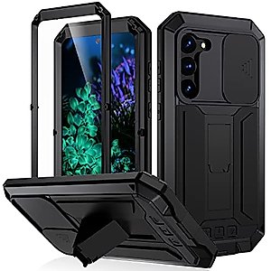 for Samsung Galaxy S23 Plus 5G/S23+ 5G Case,Shockproof Hard Case Aluminum Metal Gorilla Glass Military Heavy Duty Sturdy Protector Cover for Galaxy S23 Plus 5G,with Lens Protection Cover (Black)