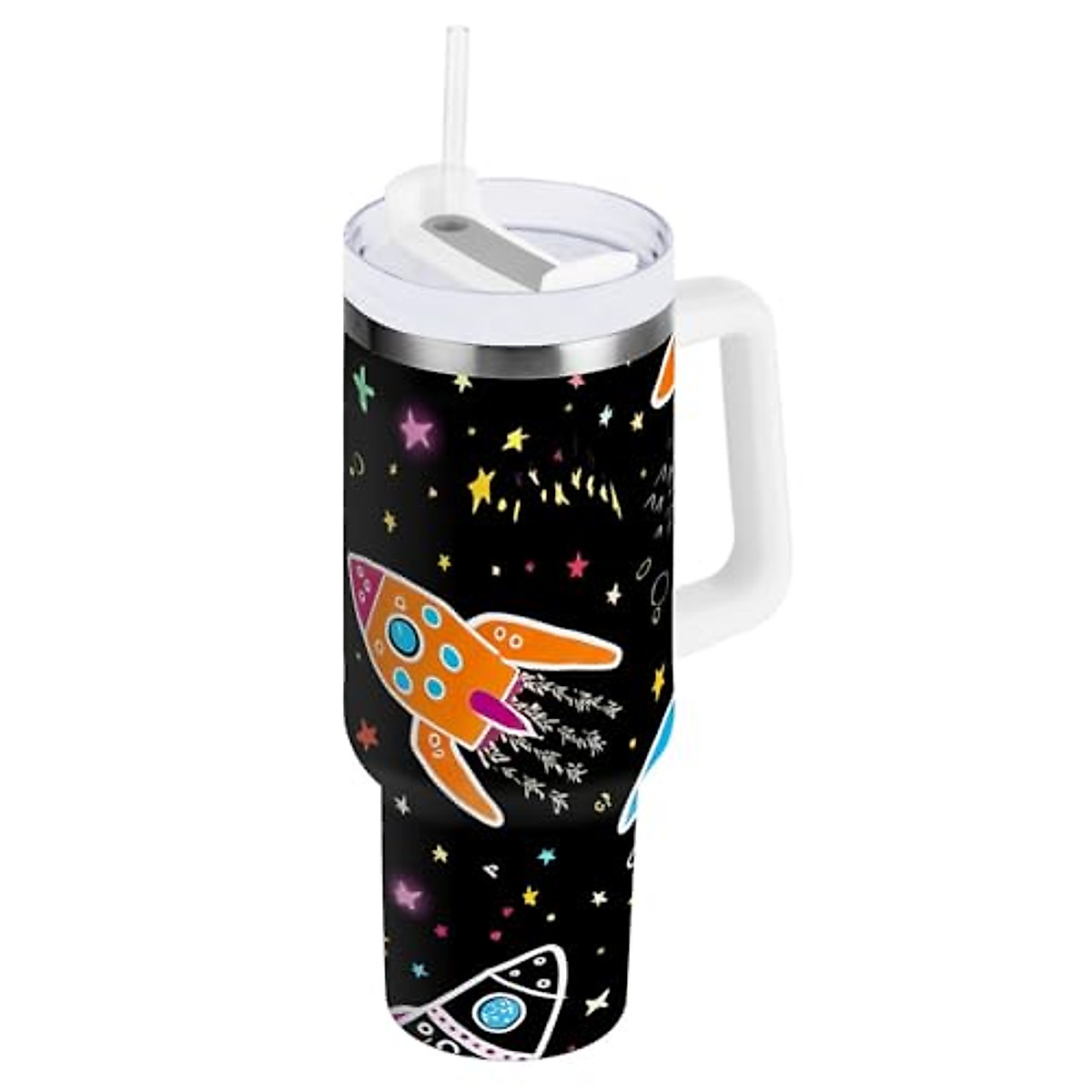 ODAWA 40oz Leak Proof Tumbler, Colorful Spaceships Stars Stainless Steel Vacuum Insulated Tumbler with Handle and Straw