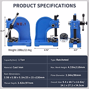 PNBO 1 Ton Manual Arbor Press,Heavy Duty Cast Iron Desktop Punch Press Machine, for Riveting Punching Holes
