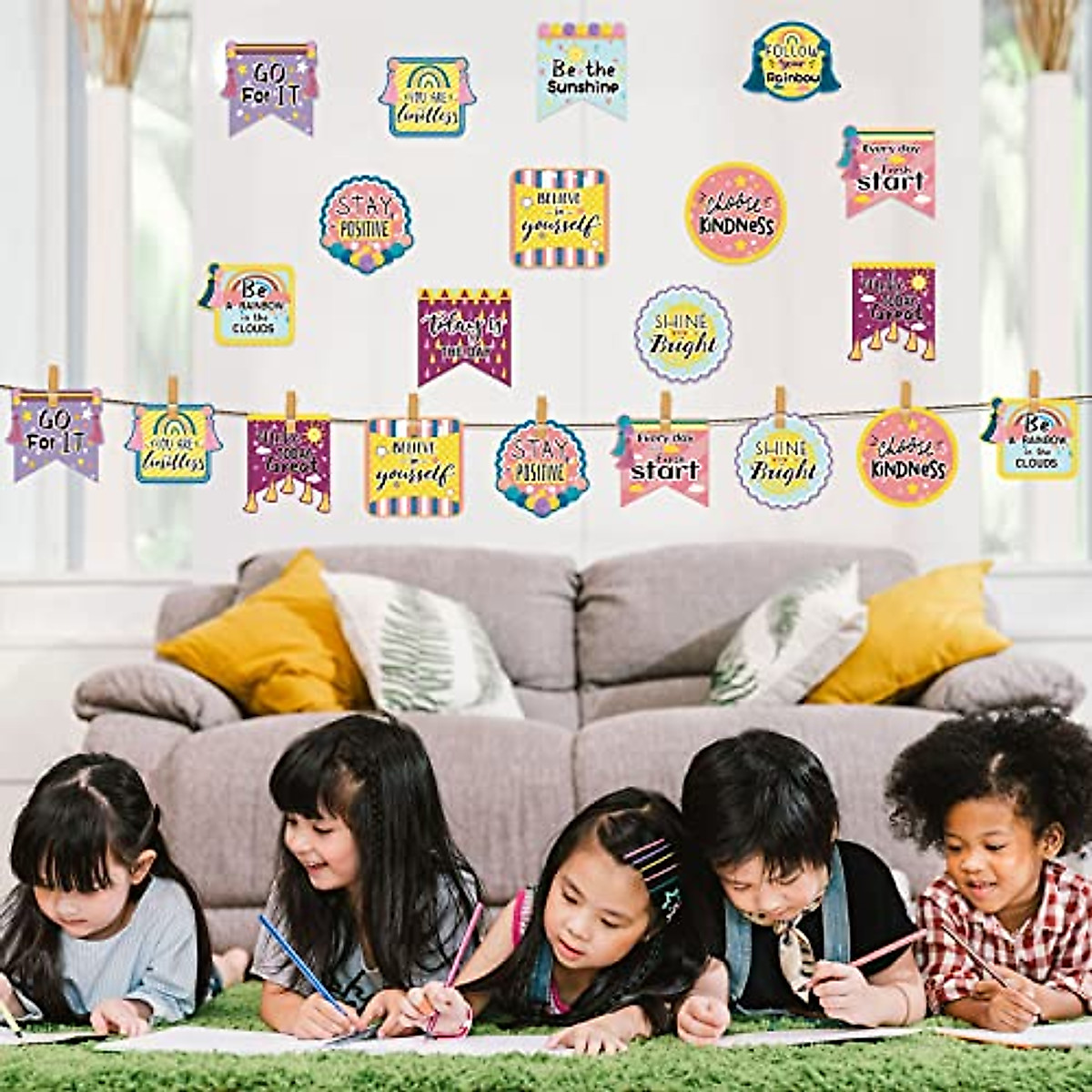 48 Pcs Boho Positive Sayings Accents Rainbow Theme Bulletin Board for Classroom Inspirational Quote Motivational Positive Sayings Cutouts for Rainbow Classroom Decor