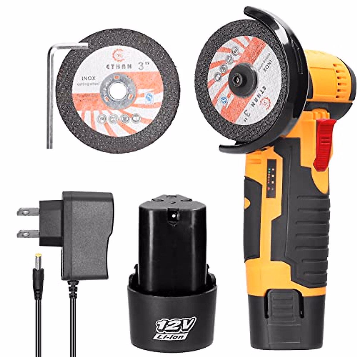 Angle Grinder, Geevorks Mini Angle Grinder 12V 19500RPM, Electric Grinding Tool for Cutting Polishing Ceramic Tile Wood Stone Steel, with 2 Cutting Disc/2PCS 1200mAh Battery