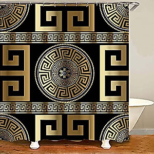 fnump 4 Pieces Bath Sets Retro Black Gold Greek Key Meander ​Shower Curtain Sets Anti-Slip Bath Rug Floor Mat Home Decor Waterproof Bath Curtain with 12 Hooks - 71" x 71"
