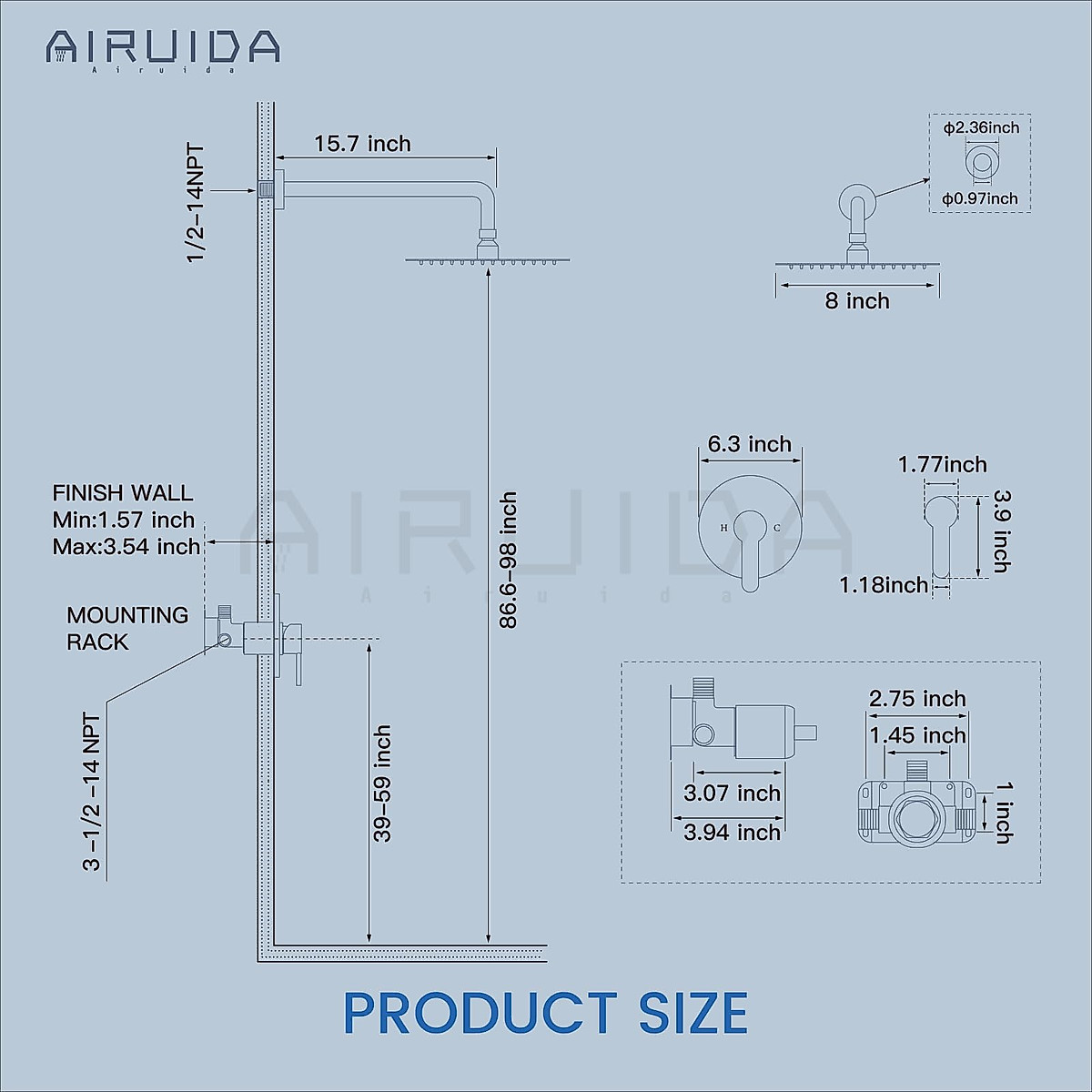 Airuida Shower Faucet Set Chrome Polish, Single Function Shower Valve Kit, Rain Shower Faucet Kit, 8 Inch Round Rainfall Shower Head with Male Threads Rough-in Valve
