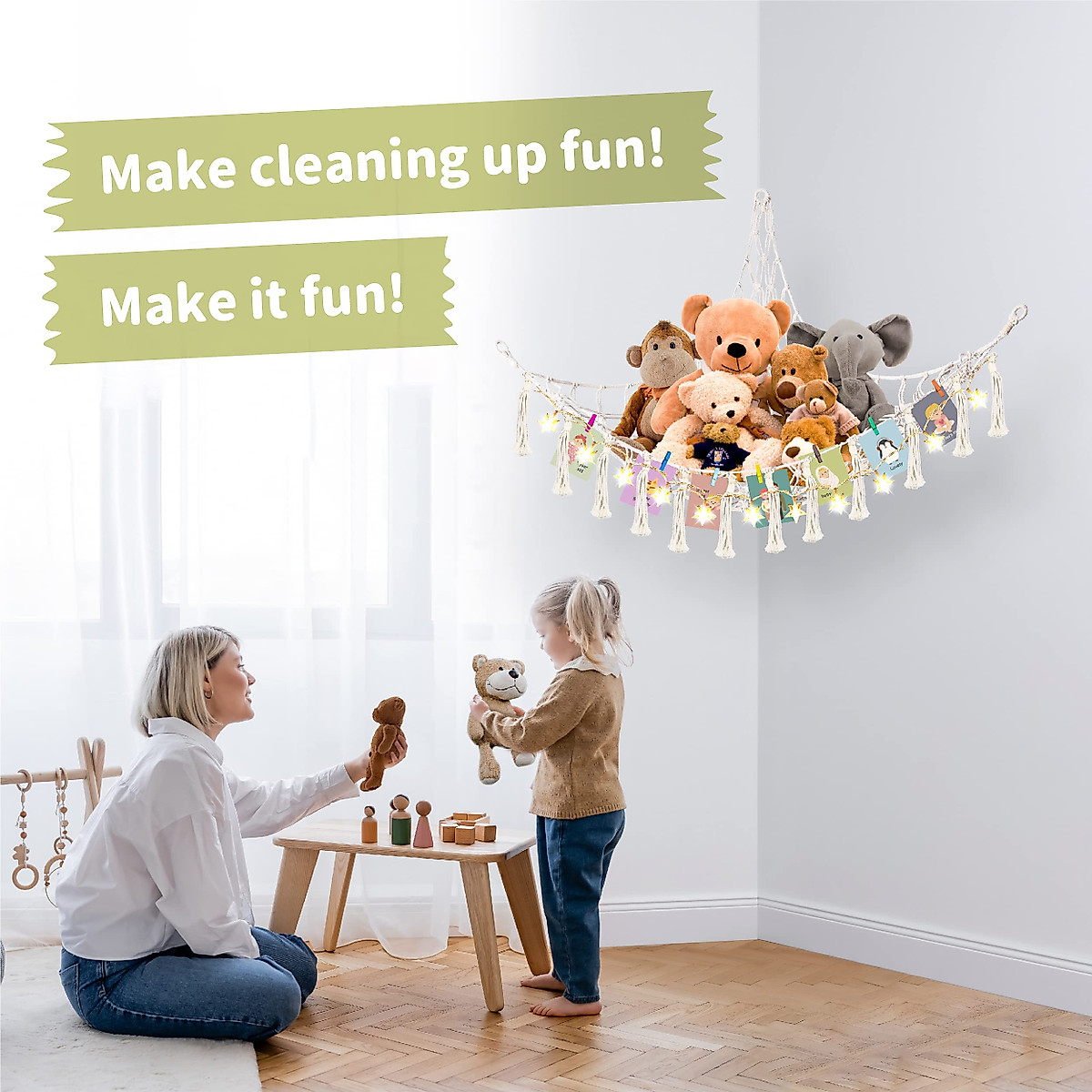 UNKENBO Stuffed Animal Storage Hammock - Macrame Toy Hammock with Photo Clips, Star String Lights, Space Saving Hanging Corner Stuffed Animal Net or Hammock, Boho Kids Bedroom Decor (Cream)