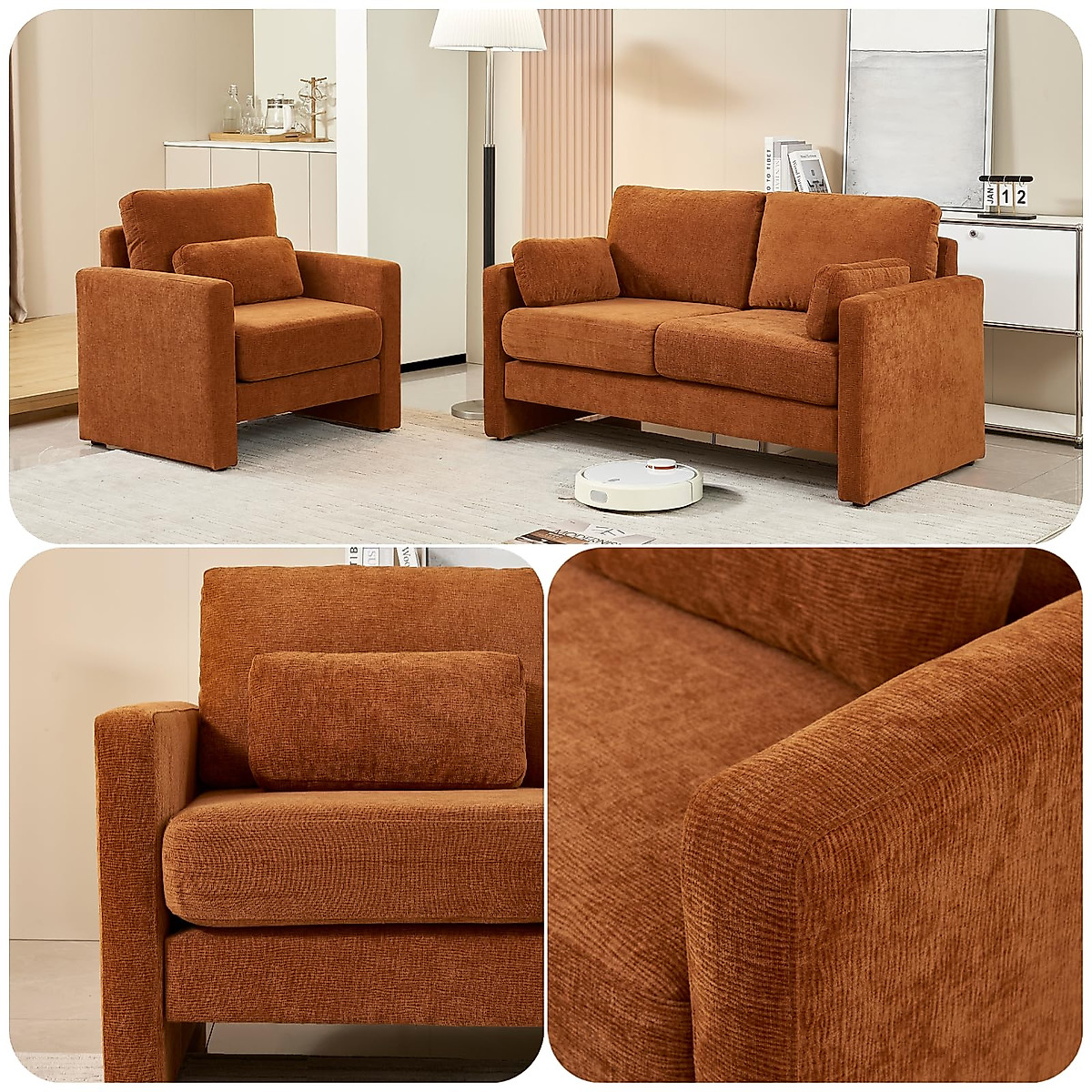 ChicFurnit Couch, 58.66" Loveseat Sofa, Chenille Fabric Sofa Couch with Back Cushions, Mid Century Comfy Love Seat for Living Room, Bedroom & Apartment, Orange