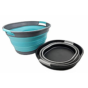 SAMMART 23L (6 Gallons) Set of 2 Collapsible Plastic Laundry Basket - Oval Tub - Foldable Storage Container/Organizer - Portable Washing Tub - Space Saving Laundry Hamper (Alloy Grey/Crystal Blue)