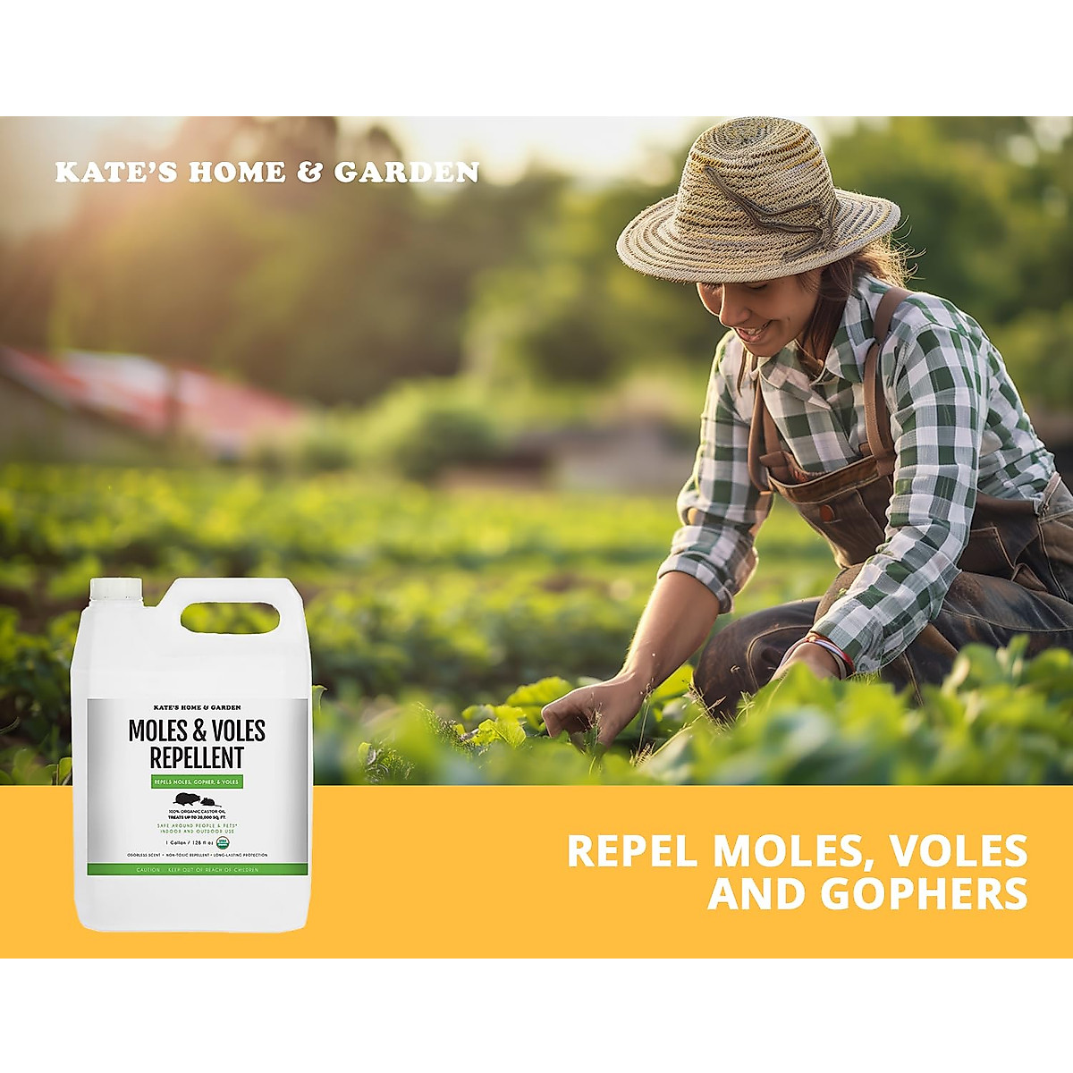 Mole & Vole Repellent for Lawns - Organic Castor Oil (128oz - 1 Gallon) - Kate's Home & Garden. Pet Safe & Non-Toxic. Pure Organic Castor Oil to Repel Moles, Voles, Rodents & Gophers Outdoor
