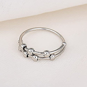 SERYNOW Fidget Ring Double Layer Anxiety Rings for Women Adjustable Worry Rings Beads Stress Relief Ring Fidget Spinner Rings for Girls Men (Silver B 2pcs)