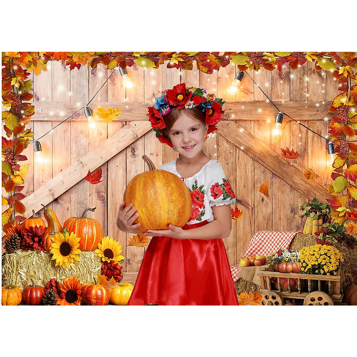 CHAIYA 7x5ft Thanksgiving Photography Backdrop Autumn Harvest Backdrop Thanksgiving Barn Door Backdrop Pumpkin Maple Leaves Sunflower Haystack Party Supplies Banner CY-237