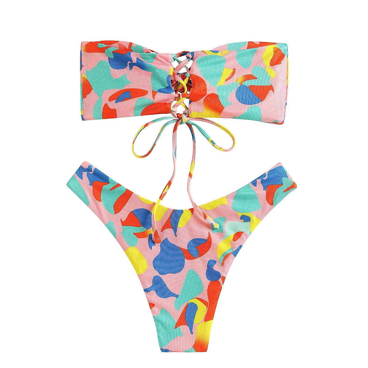 ZAFUL Knotted Bandeau Bikini for Women Strapless Swimsuits High Cut Bathing Suit Sexy 2 Piece Swimwear Pink Print M