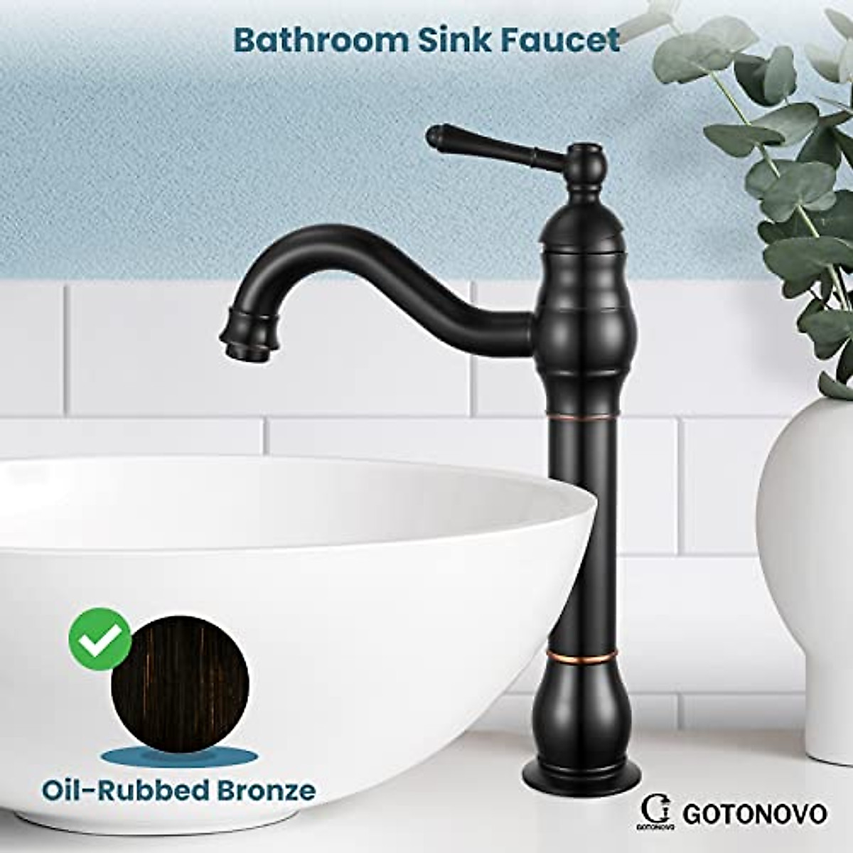 gotonovo Bathroom Vessel Sink Faucet Oil Rubbed Bronze with POP UP Drain Single Lever Handle 1 Hole Bowl Sink Mixer Tap Deck Mount Tall Spout Lavatory Vanity