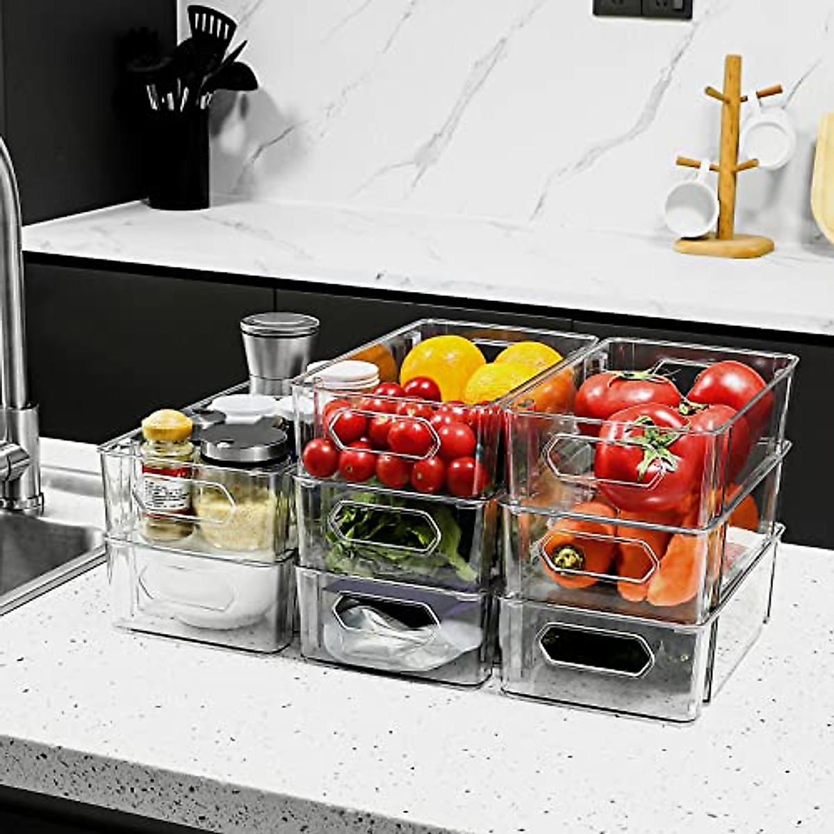 YKSLEMON Refrigerator Organizer Bins, Stackable Plastic Food Storage Bins Kitchen Organizer Set of 8, For Freezers, Countertops and Cabinets