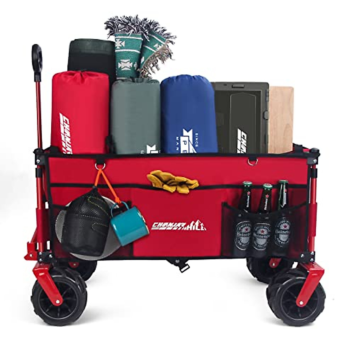 Utility Folding Wagon Garden Carts with Wood Roll Table, Heavy Duty Wagon Shopping Cart for Sports Outdoor Camping Fishing (with Wood Roll Table)